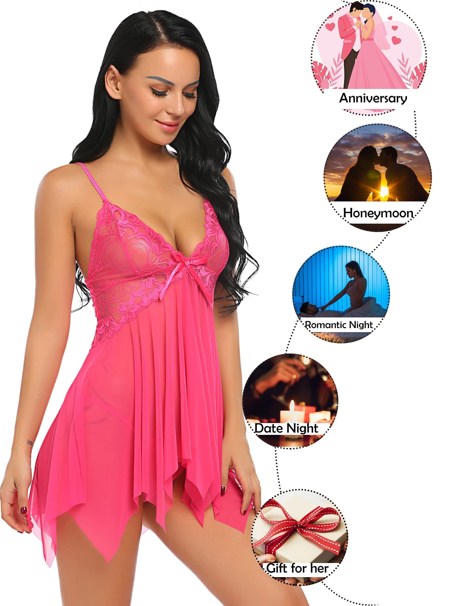 Avidlove Women Lingerie Lace Babydoll V Neck Sleepwear Strap Chemise Rose Red L