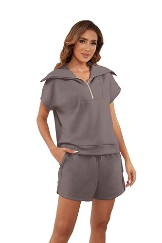 calbatic Women Casual Two Pieces Outfits Half Zip Lapel Collar Short Sleeve Sweatshirt High Waisted Shorts Tracksuit Sets