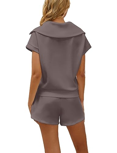 calbatic Women Casual Two Pieces Outfits Half Zip Lapel Collar Short Sleeve Sweatshirt High Waisted Shorts Tracksuit Sets