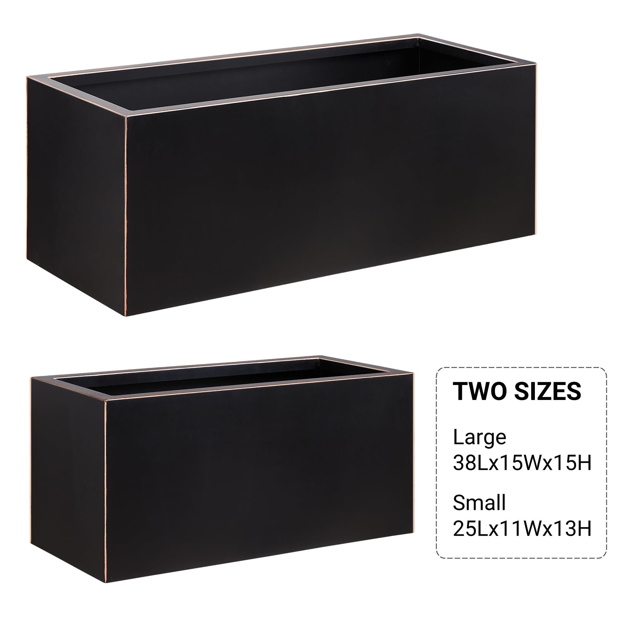 Wallowa Metallic Heavy Long and Large Outdoor/Indoor Planter, Rectangular Trough Planter Box, 38”Lx15”Wx15”H, 40Pounds, Black with Hand Brushed Gold Edge, No Assemble and Seamless