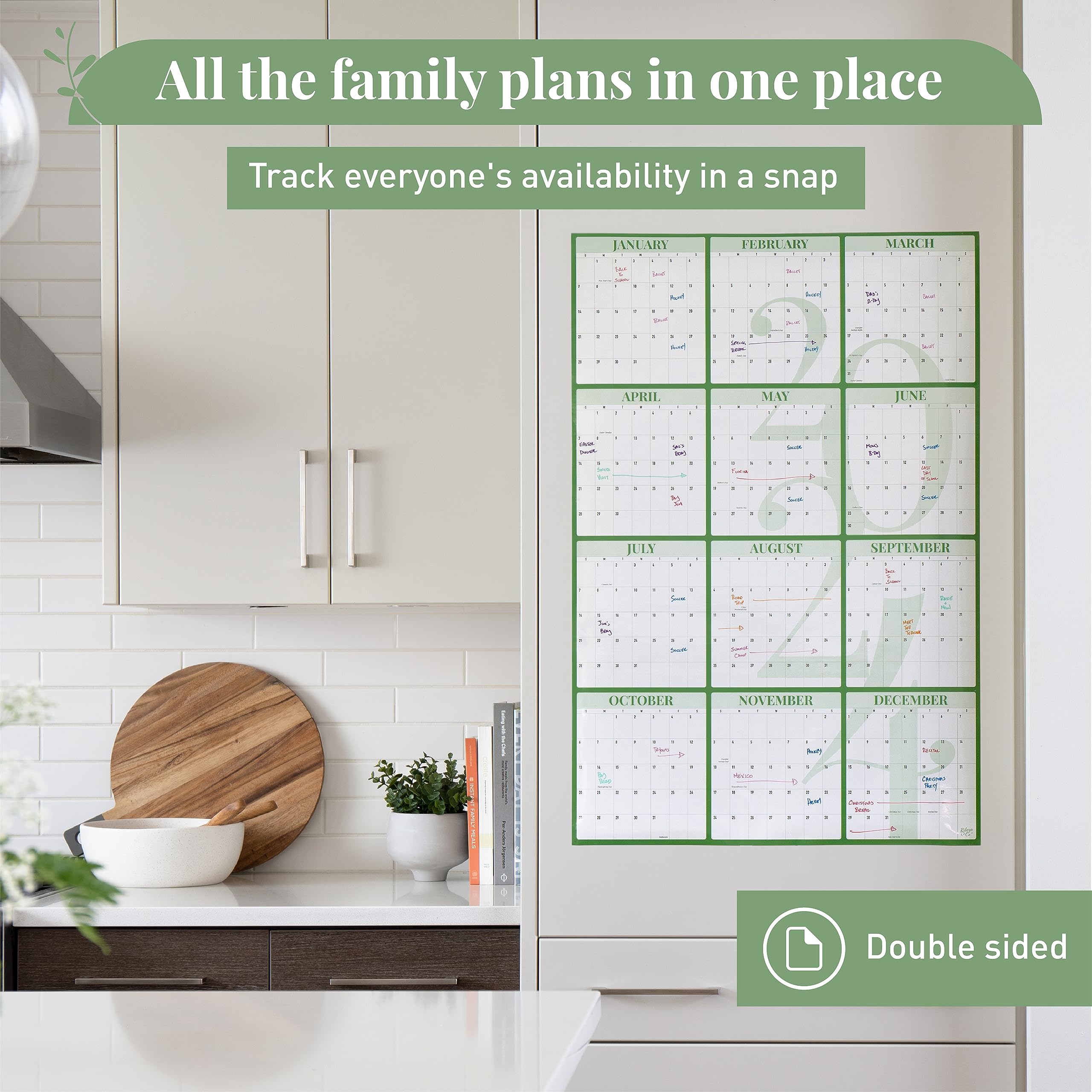 Rileys & Co 2025 Large Annual Erasable Laminated Wall Calendar, Jan 2025 - Dec 2025, 24 x 36 Inch, 2-Sided Reversible Vertical/Horizontal (Green)
