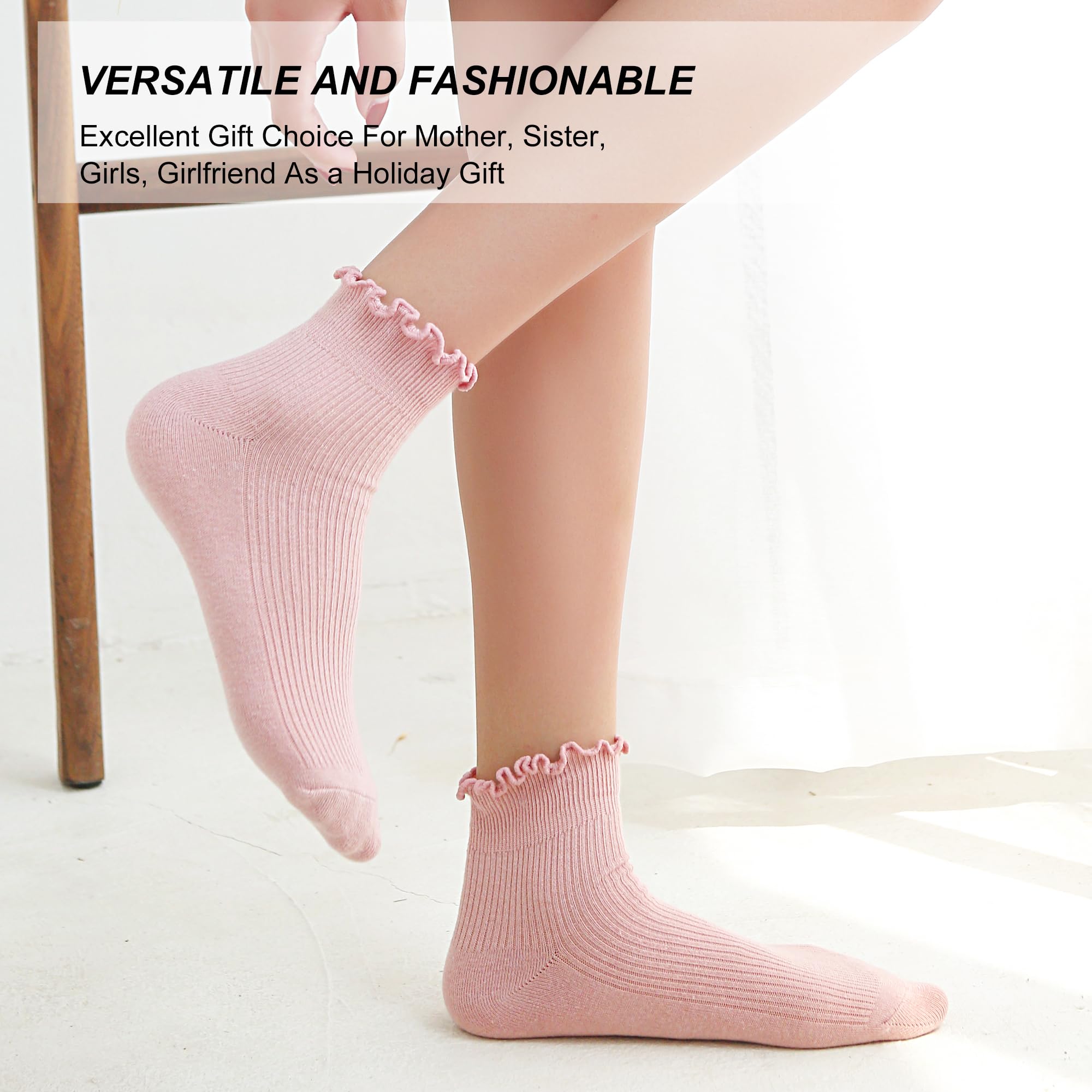 UTTPLL Womens-Ruffle-Turn-Cuff-Casual-Lettuce Socks Lovely Double Needle Ankle Boot Socks Athletic Soft Cotton Warm Cute Crew Frilly Sock Black,White,Grey,Pink