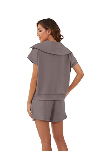 calbatic Women Casual Two Pieces Outfits Half Zip Lapel Collar Short Sleeve Sweatshirt High Waisted Shorts Tracksuit Sets