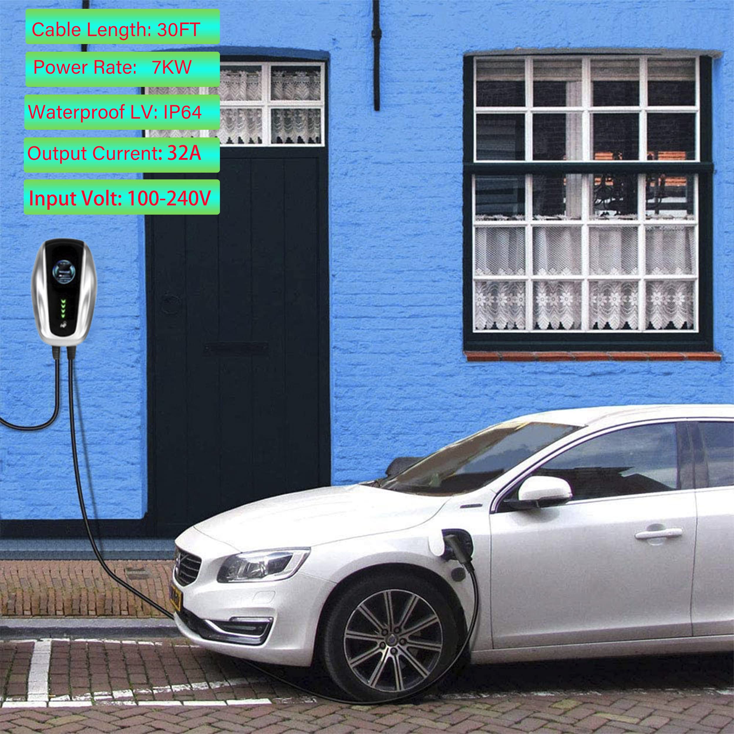 7KW 32Amps Level 2 EV Charger Station with 30TF Cable NEMA 14-50, 220-240V Input J1772 Plug Swipe Card Charging for Most Evs