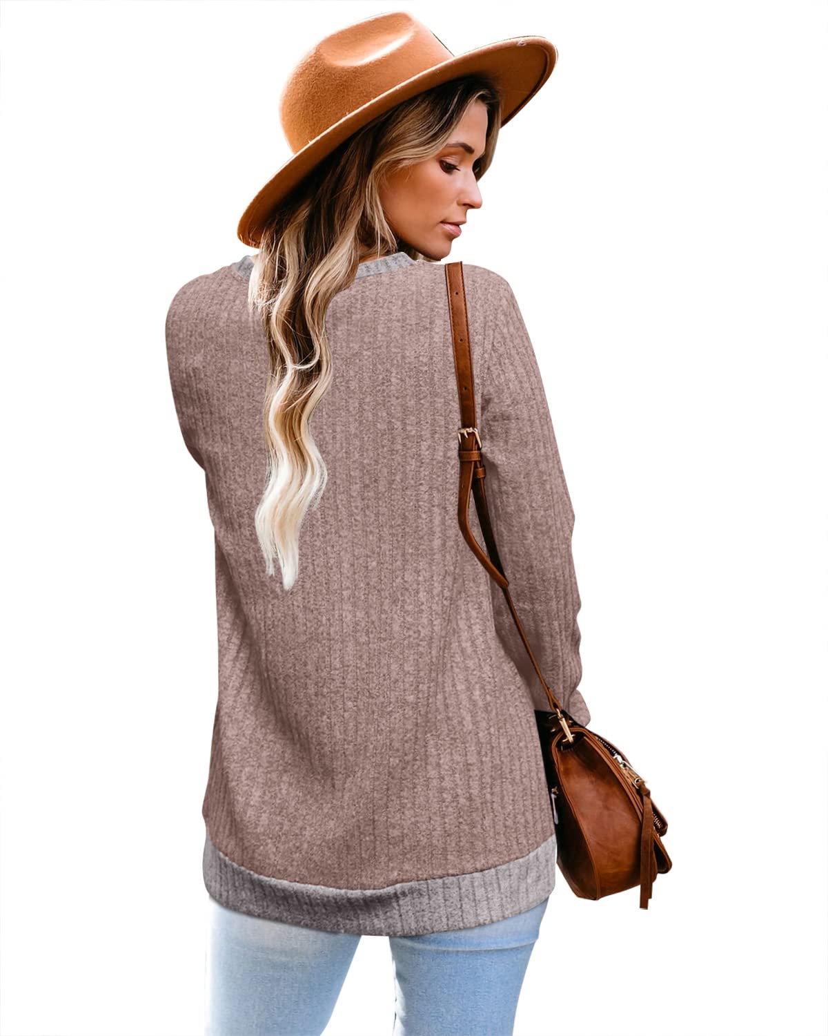 Aokosor Womens Tunic Sweaters to Wear with Leggings Long Sleeve Shirts V Neck Pink M Trendy Clearance