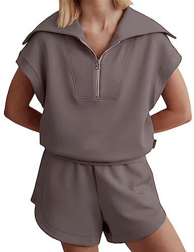 calbatic Women Casual Two Pieces Outfits Half Zip Lapel Collar Short Sleeve Sweatshirt High Waisted Shorts Tracksuit Sets