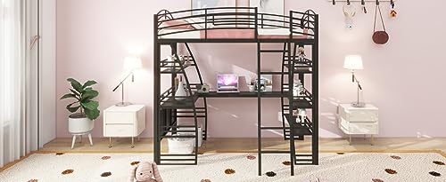 FEELHOME Twin Size Loft Bed with 4 Layers of Shelves and L-Shaped Desk, Stylish Metal Frame Bed with a Set of Sockets, USB Ports and Wireless Charging, Black