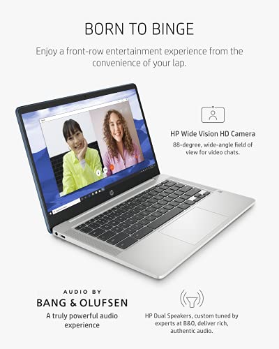 HP Chromebook 14 Laptop, Intel Celeron Processor, 4 GB RAM, 32 GB eMMC, 14β HD (1366 x 768), Display, Chrome OS, Webcam & Dual Mics, Work, School, Entertainment, Long Battery Life (14a-na0120nr, 2021)