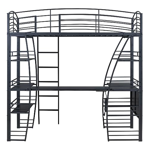 FEELHOME Twin Size Loft Bed with 4 Layers of Shelves and L-Shaped Desk, Stylish Metal Frame Bed with a Set of Sockets, USB Ports and Wireless Charging, Black