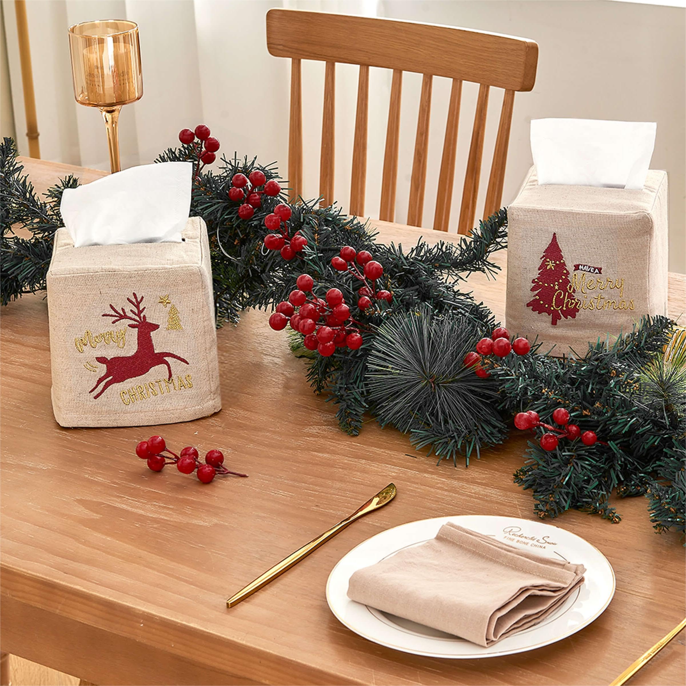 Christmas Linen Tissue Box Cover - Square Embroidered Gifts Boho Cube Holder for Bathroom Rectangle Cover Set Merry Xmas