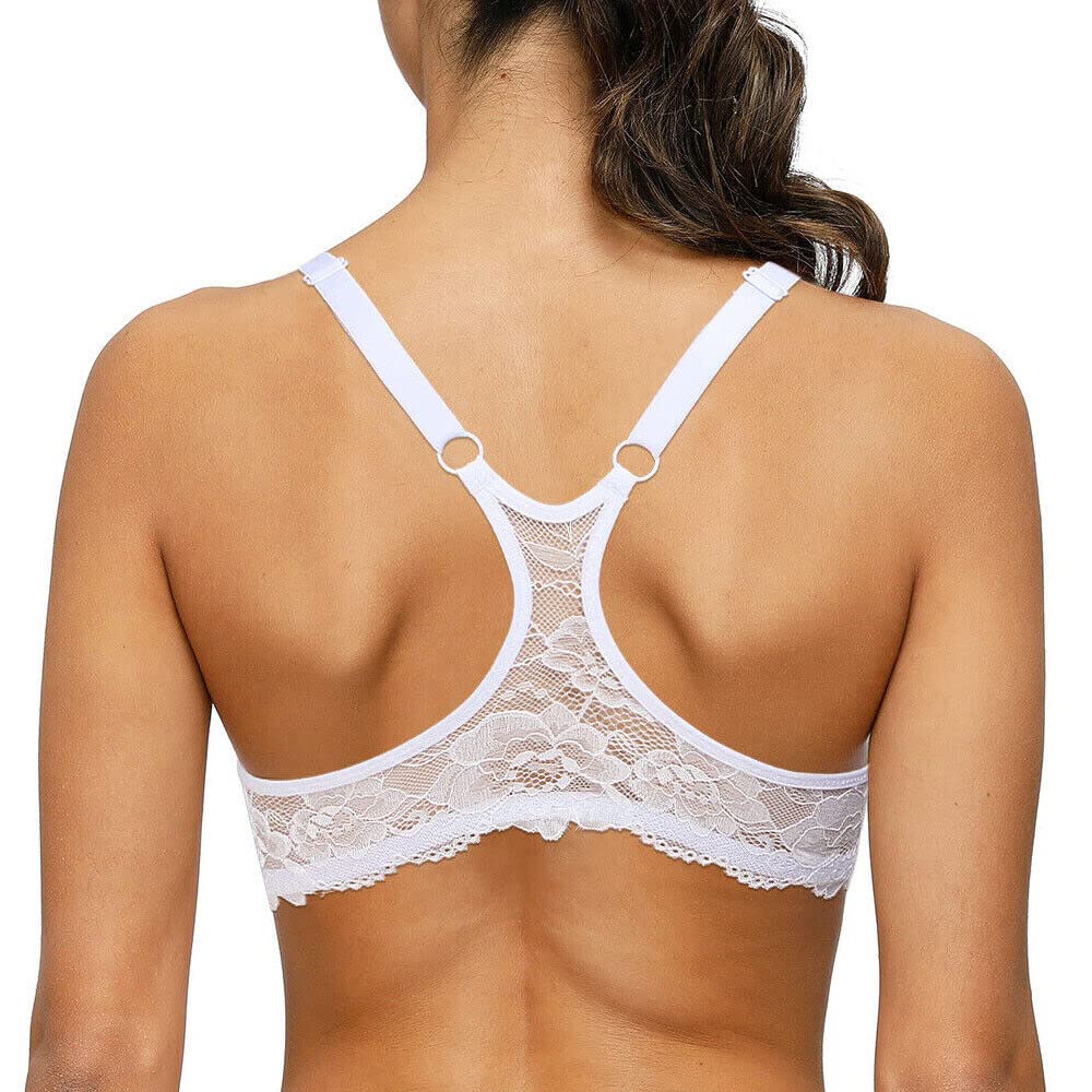 Plusexy Front Closure Push Up Racerback Underwire Support Thick Padded Plunge Bra for Women White 32B