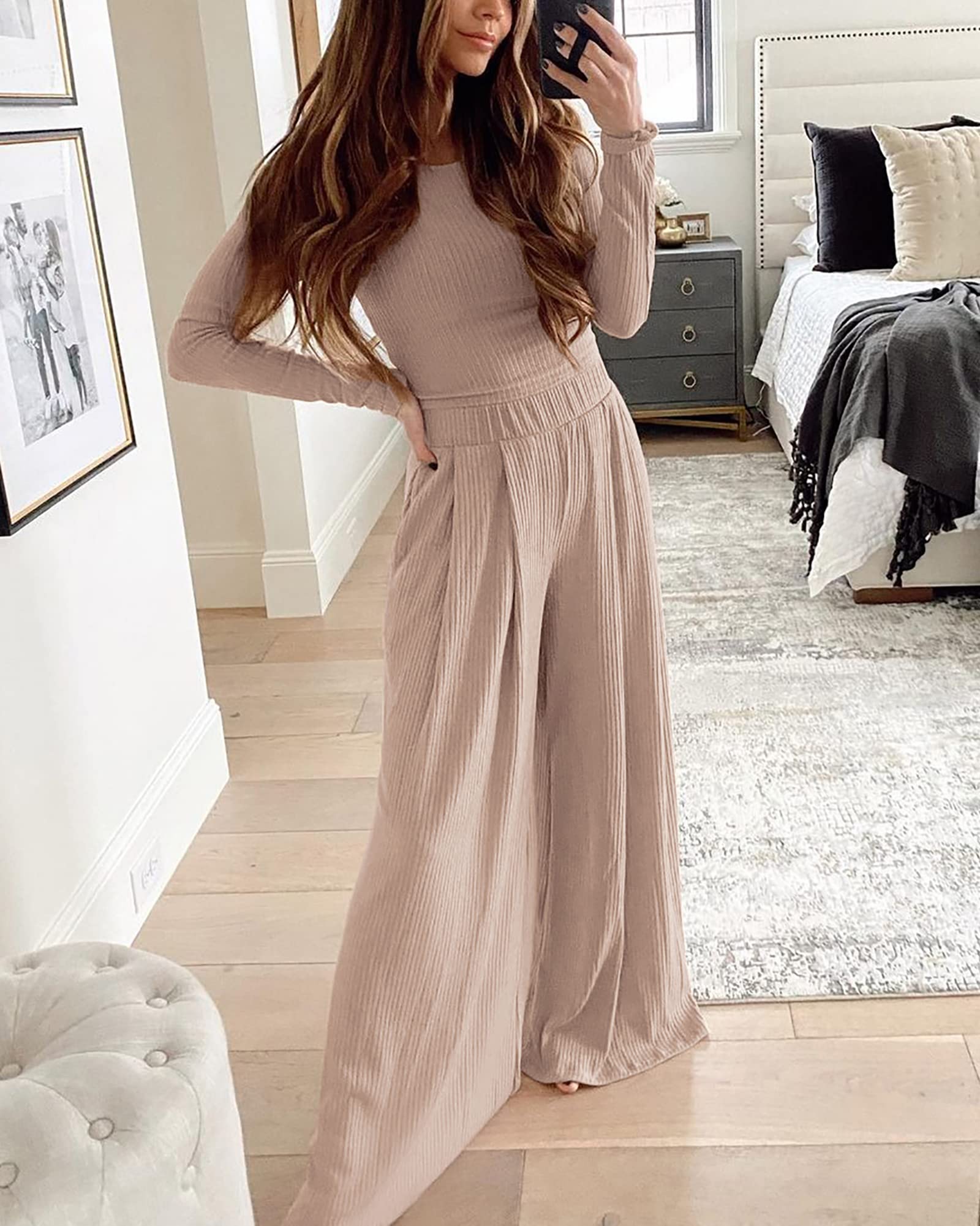 BTFBM Women's Two Piece Lounge Set Long Sleeve Bodycon Ribbed Knit Crop Top Loose Wide Leg Pant Casual Outfits Sweatsuit(Solid Apricot, Medium)