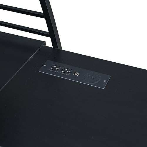 FEELHOME Twin Size Loft Bed with 4 Layers of Shelves and L-Shaped Desk, Stylish Metal Frame Bed with a Set of Sockets, USB Ports and Wireless Charging, Black