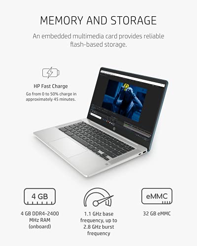 HP Chromebook 14 Laptop, Intel Celeron Processor, 4 GB RAM, 32 GB eMMC, 14β HD (1366 x 768), Display, Chrome OS, Webcam & Dual Mics, Work, School, Entertainment, Long Battery Life (14a-na0120nr, 2021)