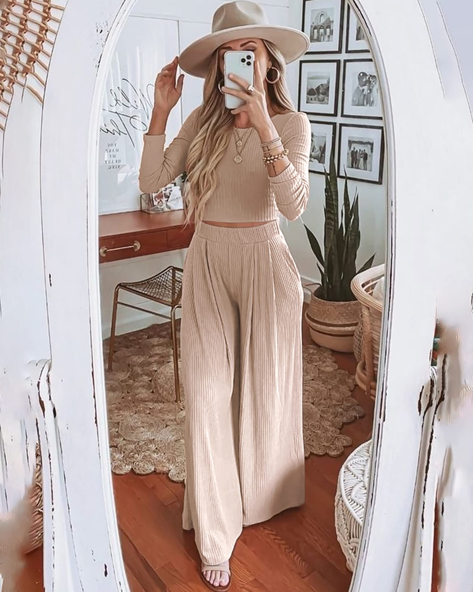BTFBM Women's Two Piece Lounge Set Long Sleeve Bodycon Ribbed Knit Crop Top Loose Wide Leg Pant Casual Outfits Sweatsuit(Solid Apricot, Medium)