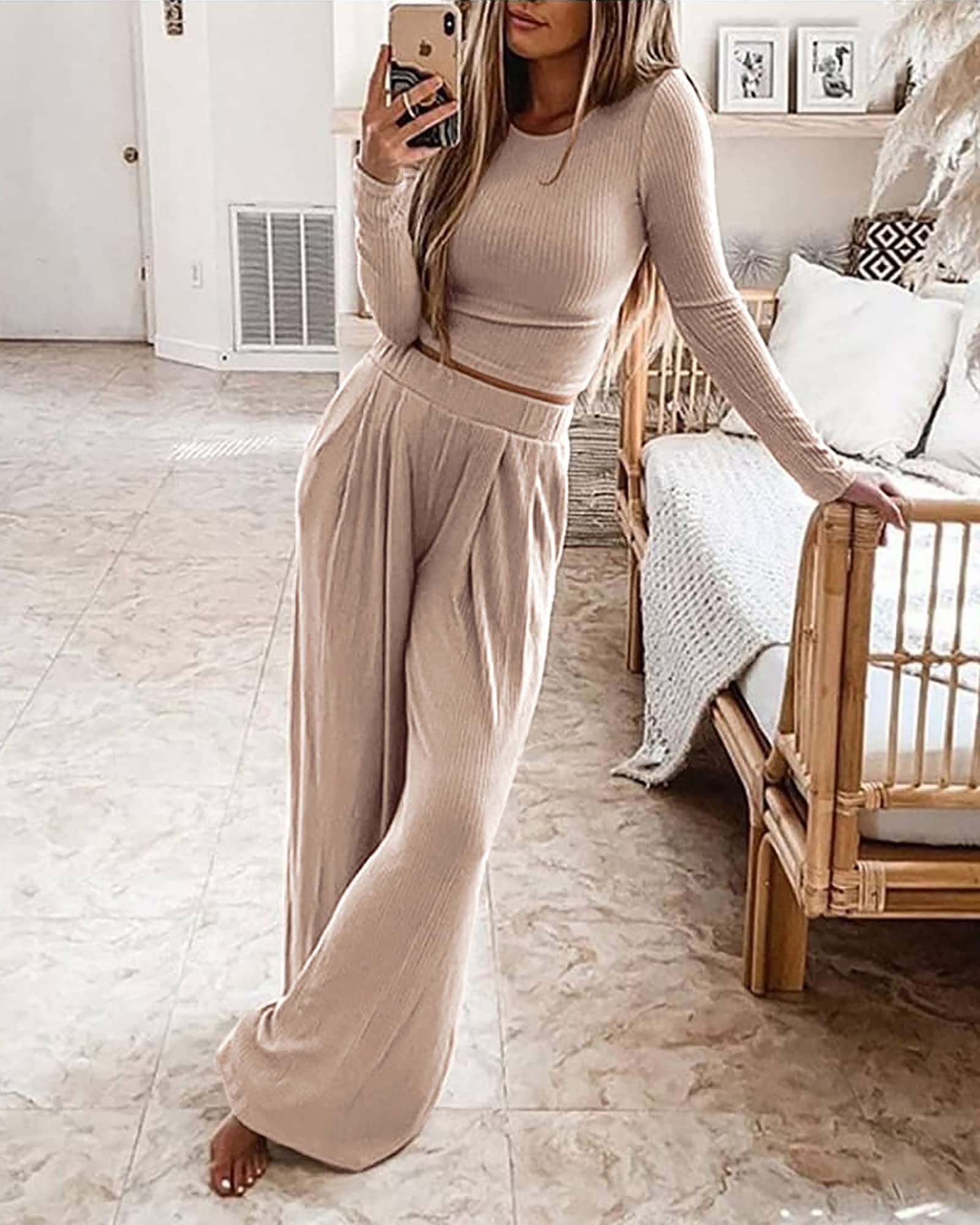 BTFBM Women's Two Piece Lounge Set Long Sleeve Bodycon Ribbed Knit Crop Top Loose Wide Leg Pant Casual Outfits Sweatsuit(Solid Apricot, Medium)
