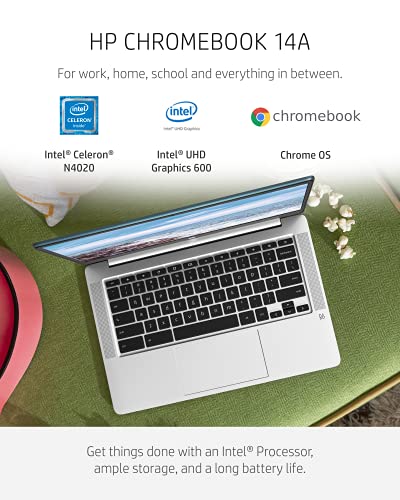 HP Chromebook 14 Laptop, Intel Celeron Processor, 4 GB RAM, 32 GB eMMC, 14β HD (1366 x 768), Display, Chrome OS, Webcam & Dual Mics, Work, School, Entertainment, Long Battery Life (14a-na0120nr, 2021)