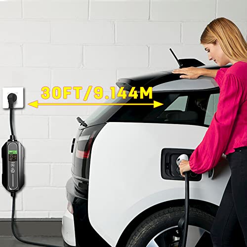 Level 2 EV Charger, 110V-240V 32Amp, NEMA 14-50 Plug, 30 ft Extension Cord, Indoor/Outdoor Portable EVSE Electric Vehicle Charger, Compatible with J1772 EVs
