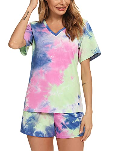 EISHOPEER Womens Tie Dye Printed Tee and Shorts Pajamas Set Sleepwear Pjs Sets LoungewearMulticolored S