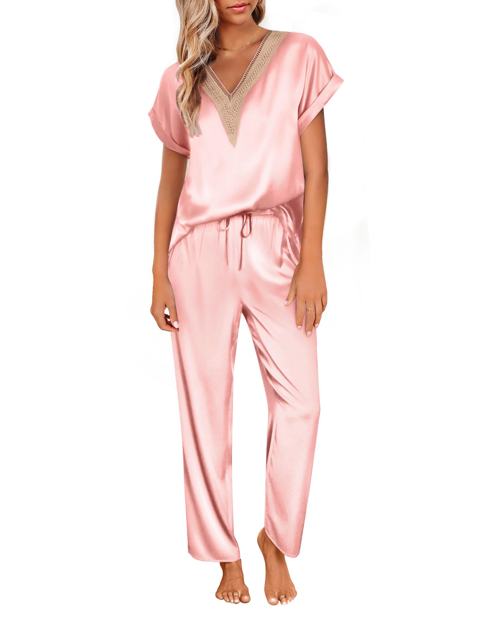 Ekouaer Womens Silk Pajamas Set Satin Pjs with Long Pants Short Sleeve Sleepwear Guipure V Neck Loungewear Pink