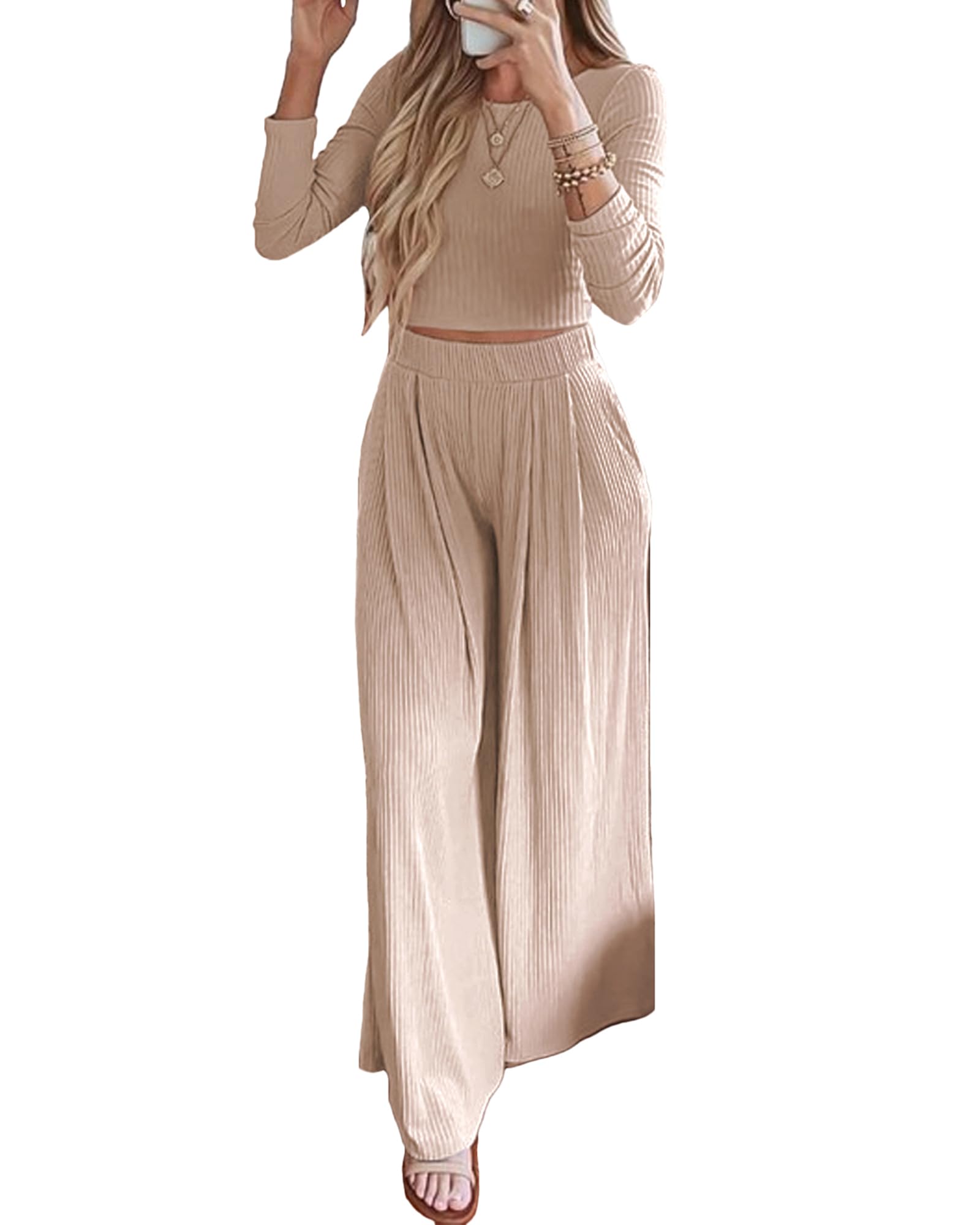 BTFBM Women's Two Piece Lounge Set Long Sleeve Bodycon Ribbed Knit Crop Top Loose Wide Leg Pant Casual Outfits Sweatsuit(Solid Apricot, Medium)