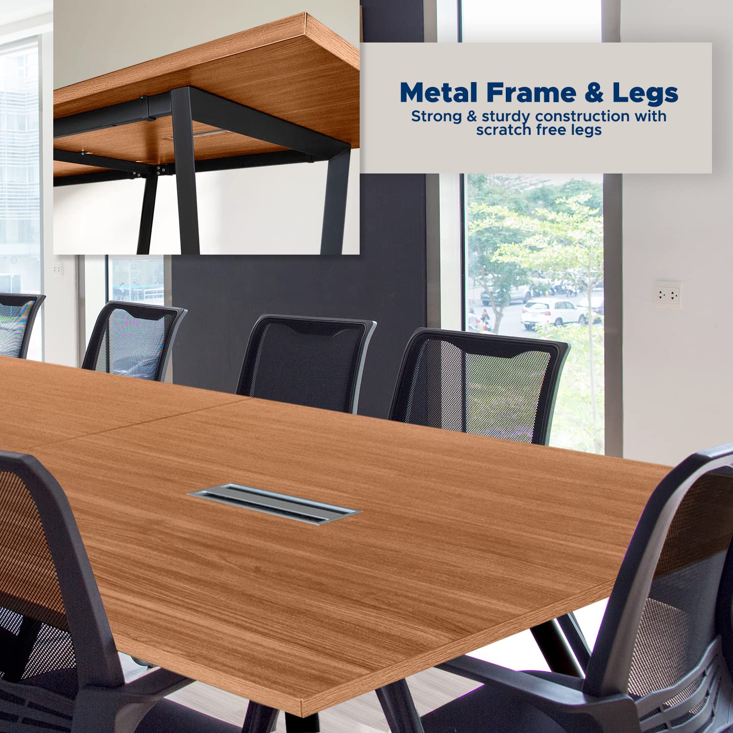 ahliss Sturdy Conference Table with Cable Management Grommets Modern Rectangle Office Meeting Table with Wood Tabletop and Metal Frame & Legs- Easy Assembly Boardroom Table (Natural, 8 Foot)