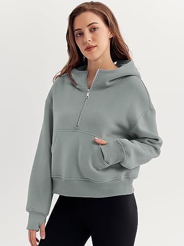 Trendy Queen Womens Hoodies Quarter Half Zip Pullover Oversized Sweatshirts Half With Pockets Fall Clothes GreyGreenM