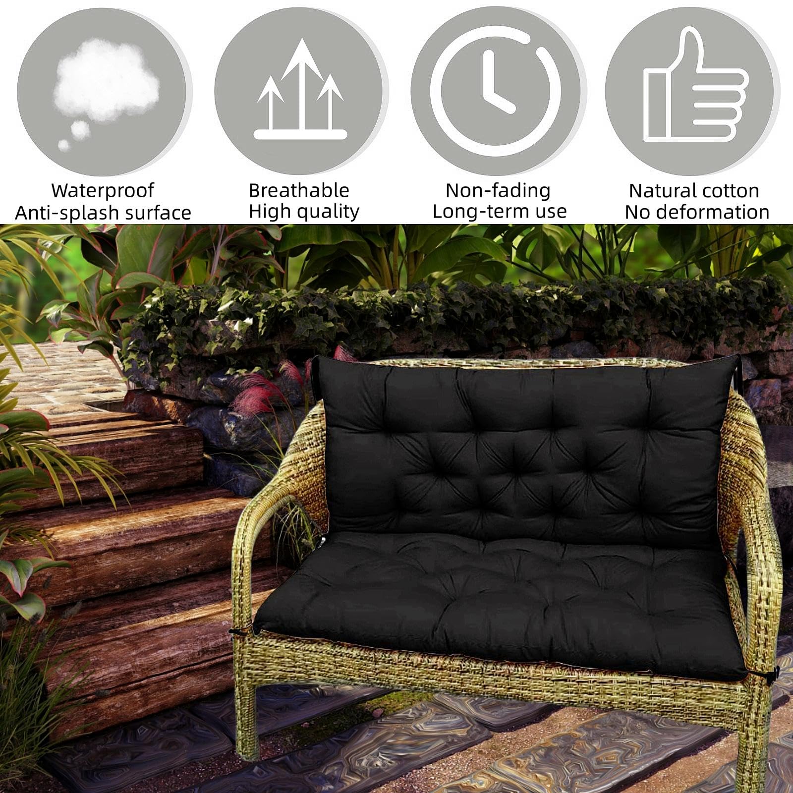 Srutirbo Outdoor/Indoor Swing Replacement Cushions 3 Seater, Waterproof Bench Cushion with Backrest, 40"x40", for Garden Patio Furniture (Black)