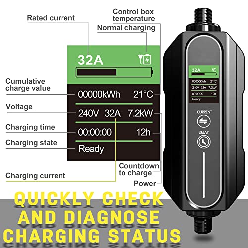 Level 2 EV Charger, 110V-240V 32Amp, NEMA 14-50 Plug, 30 ft Extension Cord, Indoor/Outdoor Portable EVSE Electric Vehicle Charger, Compatible with J1772 EVs