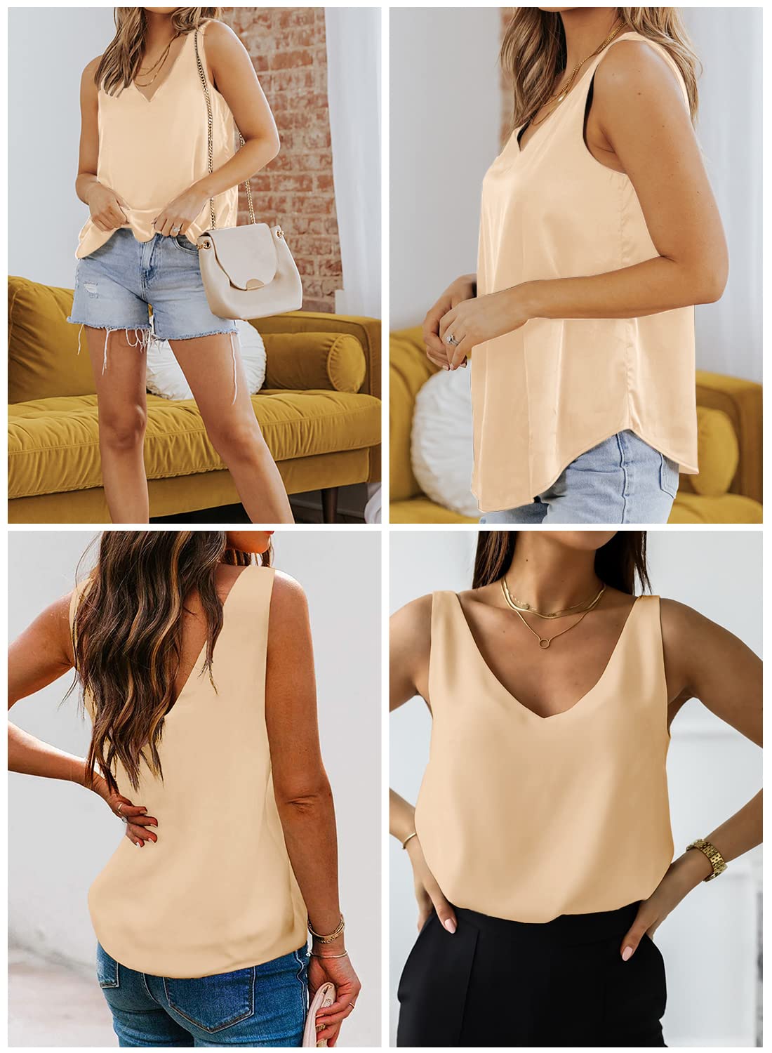 ANGGREK Womens Silk Satin Tank Tops V Neck Casual Cami Sleeveless Camisole Blouses Basic Tank Shirt(1-Champagne,Large)