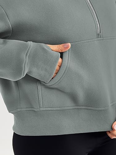 Trendy Queen Womens Hoodies Quarter Half Zip Pullover Oversized Sweatshirts Half With Pockets Fall Clothes GreyGreenM