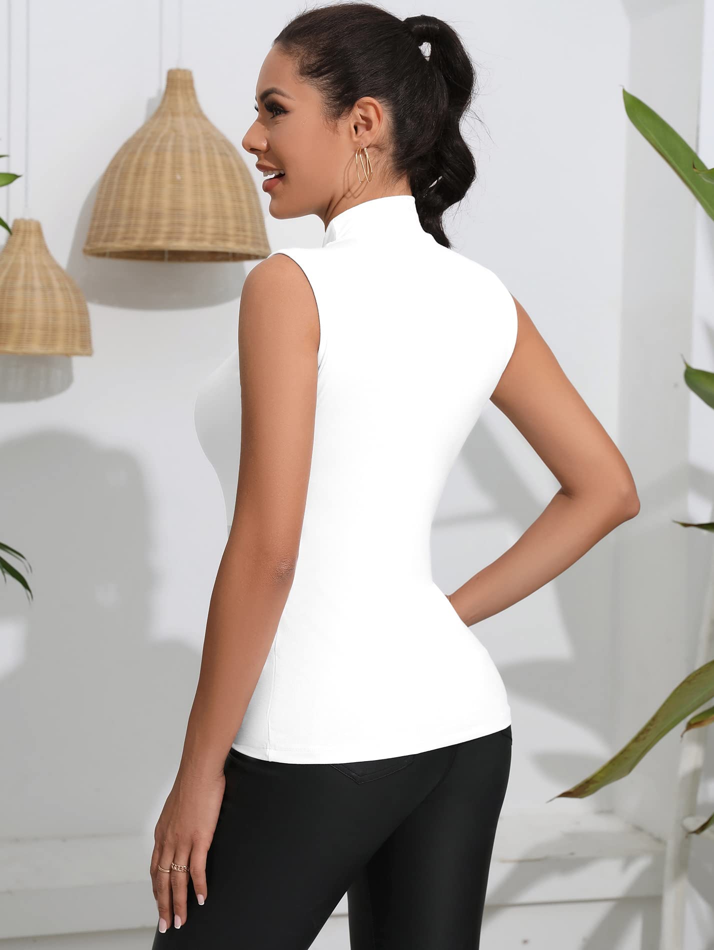 FOUGEDE Women's Mock Turtleneck Long Sleeve/Sleeveless/Half Sleeve/Short Sleeve/Crop Top Basic Fitted Stretch Slim Tops