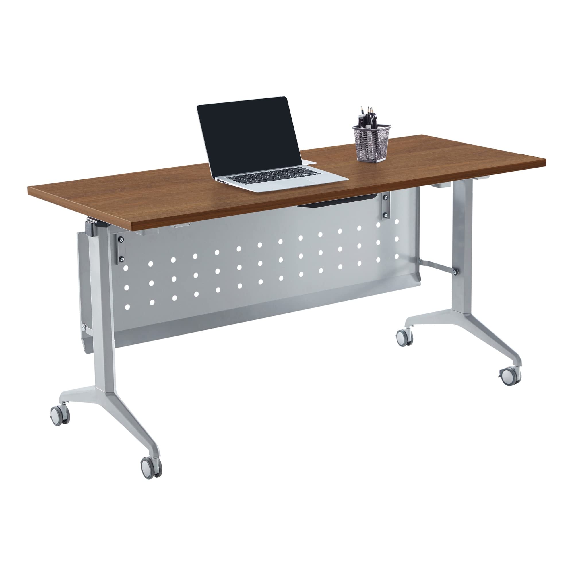 WorkPro® AnyPlace Flip-Top Nesting Training Table With Modesty Panel, 60"W x 29-1/2"H x 24"D, Walnut/Silver
