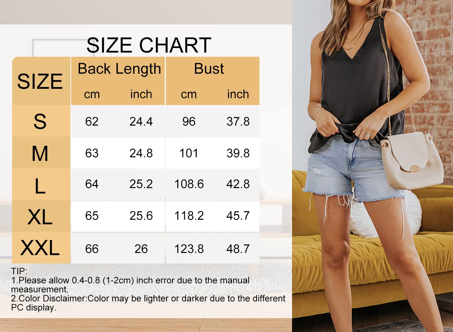 ANGGREK Womens Silk Satin Tank Tops V Neck Casual Cami Sleeveless Camisole Blouses Basic Tank Shirt(1-Champagne,Large)