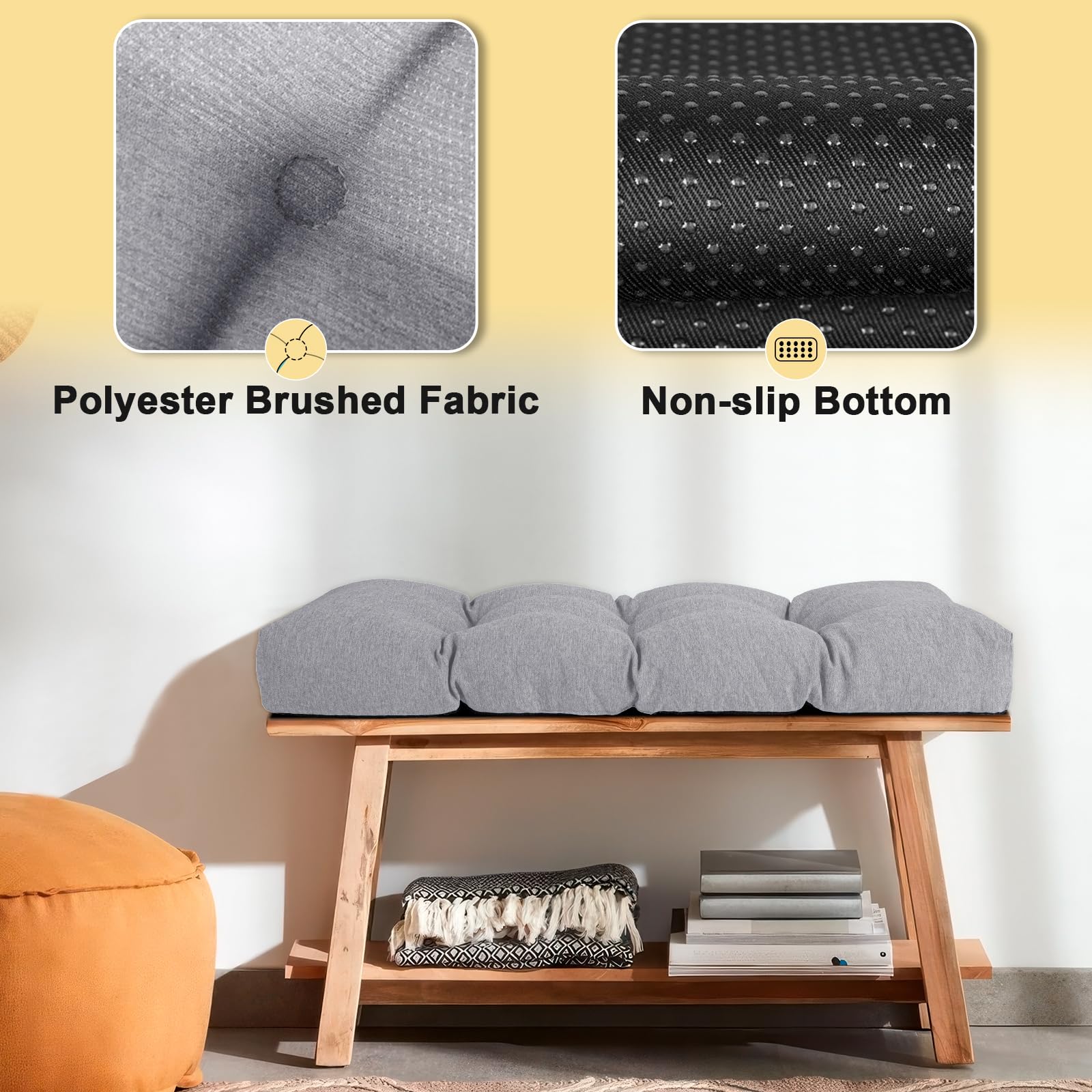 ROFIEJOX Bench Cushion 36 Inch - Polyester Brushed, High-Density Foam, Non-Slip Bottom, Soft Durable Indoor Tufted Long Seat Cushion for Window Garden Furniture (Grey, 36x14x4 Inch)