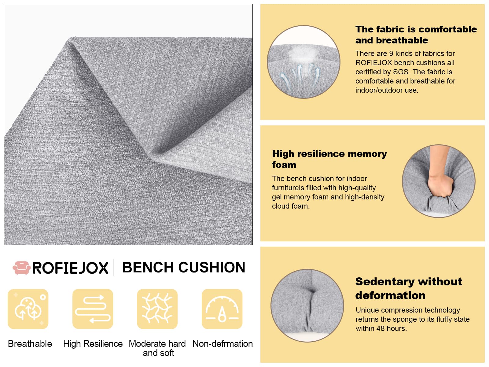 ROFIEJOX Bench Cushion 36 Inch - Polyester Brushed, High-Density Foam, Non-Slip Bottom, Soft Durable Indoor Tufted Long Seat Cushion for Window Garden Furniture (Grey, 36x14x4 Inch)