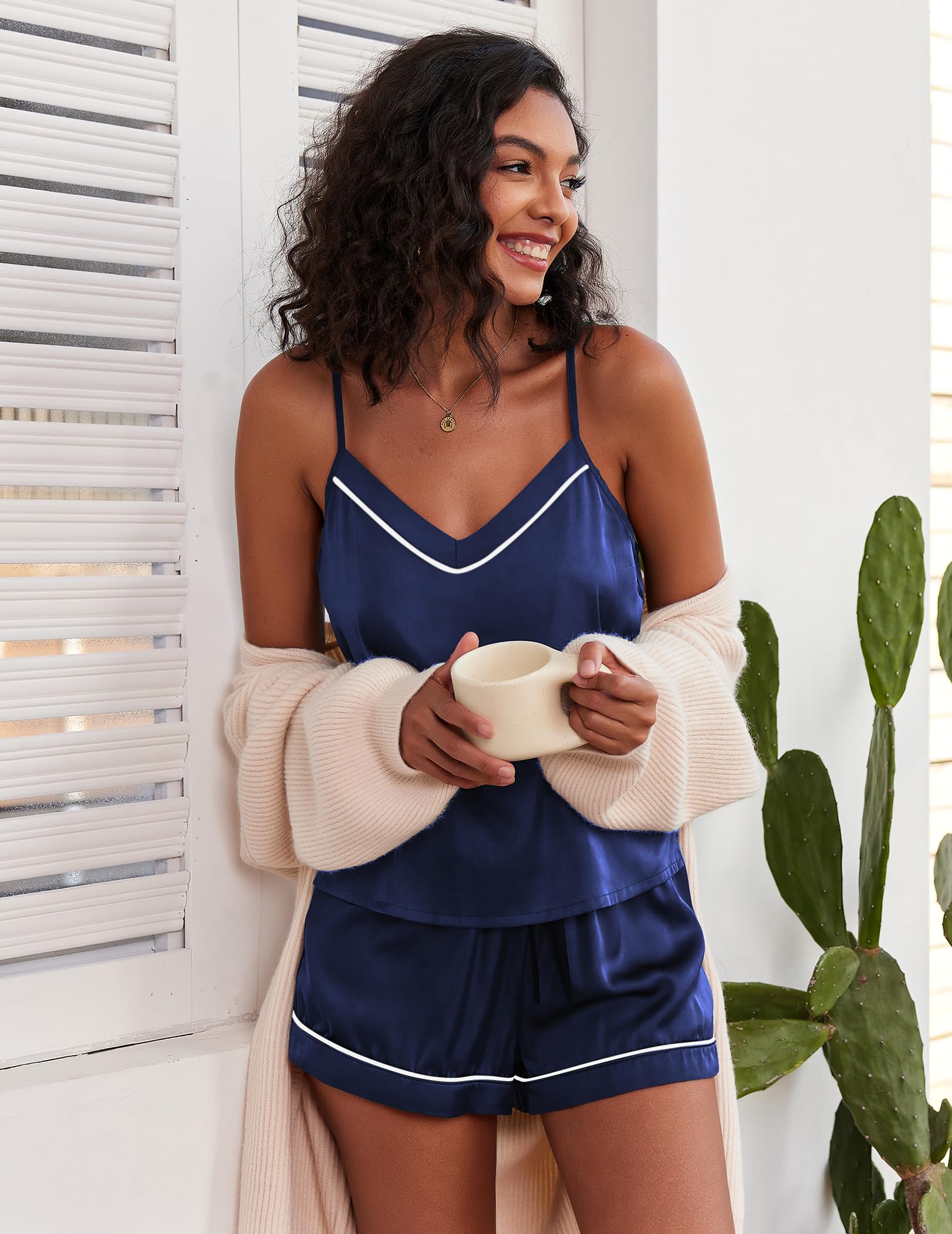 Ekouaer Satin Pajamas Women's Soft Sleepwear Lingerie Silk Cami Shorts Set Nightwear Navy,Small