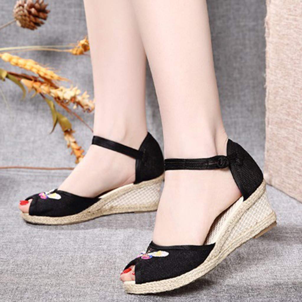 Singles Shoes Sandals for Women Retro Linen Canvas Wedge Round Toe Casual Sandals Walk Shoes Black