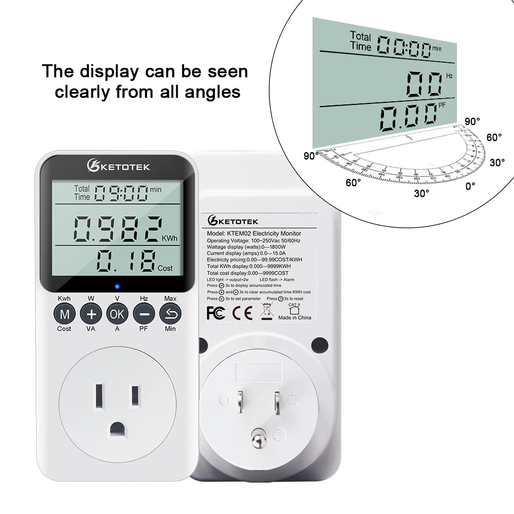 KETOTEK Watt Meter Plug-in Socket Power Meter, Kilowatt Wattage Voltage Tester, Home Electricity Usage Monitor with Overload Protection, LCD Display Energy Voltage Amps Power Consumption Monitor