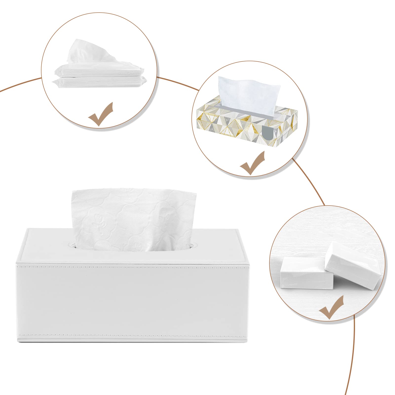 KINGFOM Rectangular PU Leather Tissue Box Cover - Facial Tissue Paper Napkin Holder for Bathroom, Home, Office, Car Automotive Decoration with Magnetic Bottom(White)