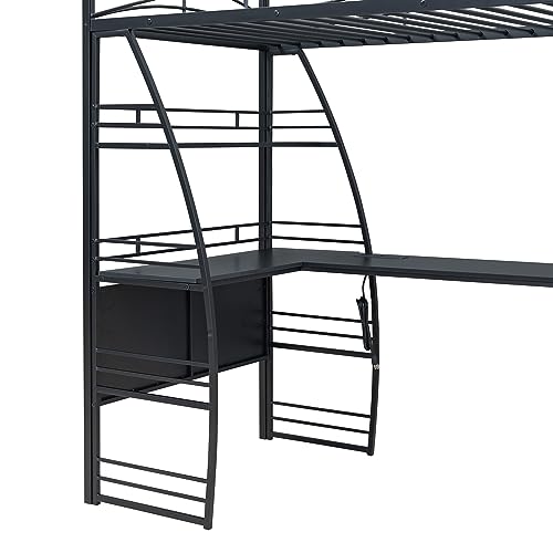 GJHOME Twin Size Loft Bed with 4 Layers of Shelves and L-Shaped Desk, Stylish Metal Frame Bed with a Set of Sockets, USB Ports and Wireless Charging, Black