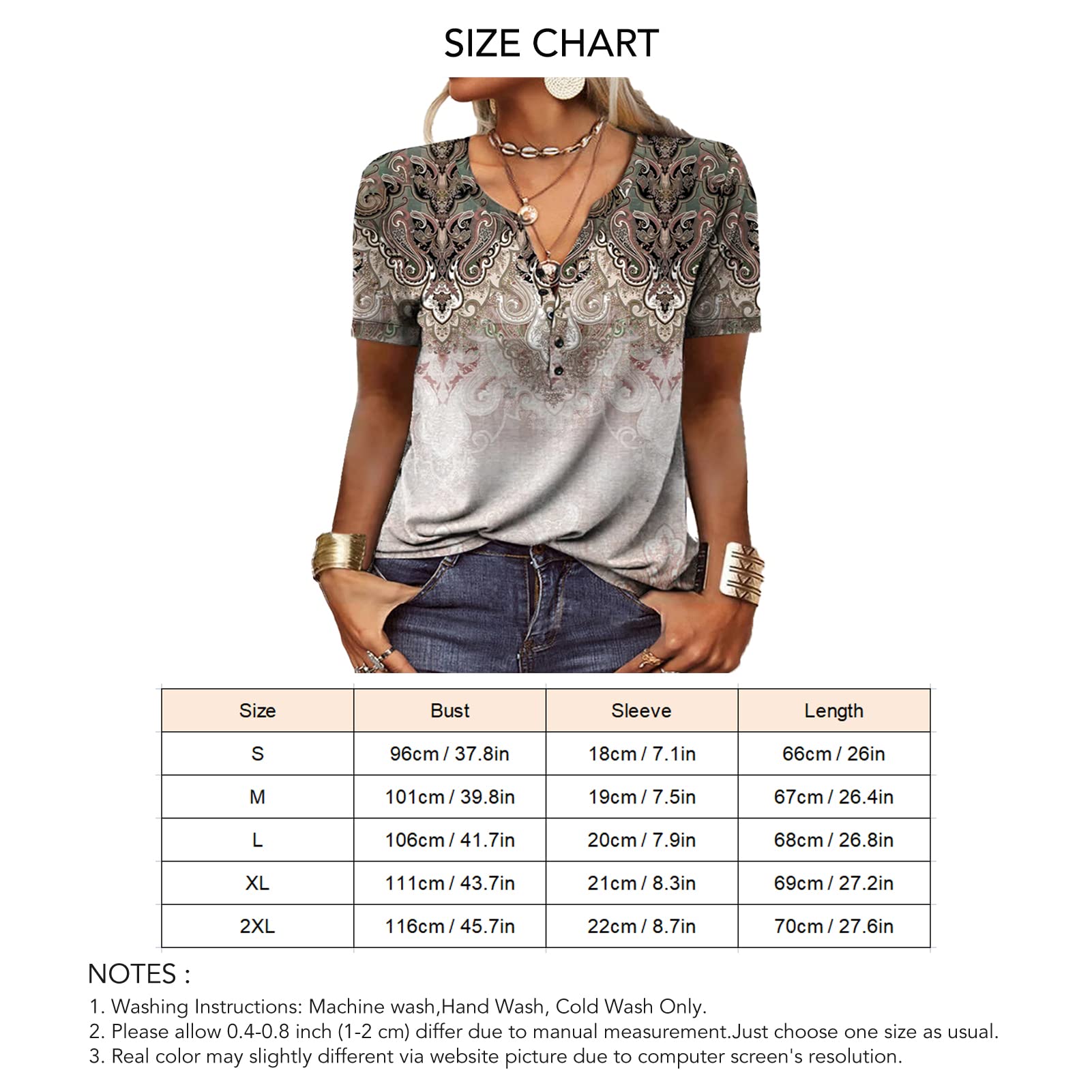 Pissente Women Short Sleeve T Shirt Top Printed Flower Shirts Casual Tunic Loose Fitting Button Collar Comfortable (Khaki)