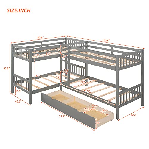 TARTOP L-Shaped Bunk Beds for 4,Solid Wood Bunk Bed Frame with 3 Storage Drawers,Twin Over Twin Size Corner Bunk Bed,Wood Quad Bunk Beds Frame for Kids Teens Girls Boys,Gray