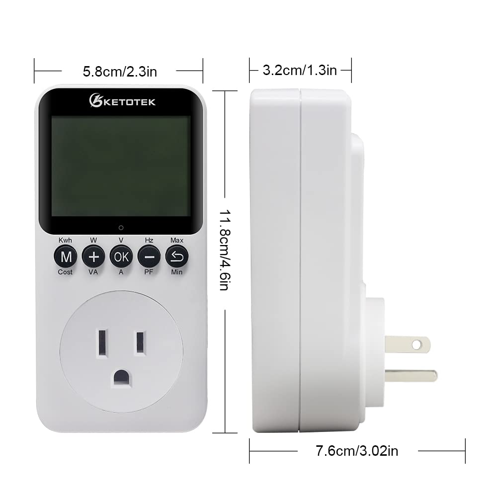 KETOTEK Watt Meter Plug-in Socket Power Meter, Kilowatt Wattage Voltage Tester, Home Electricity Usage Monitor with Overload Protection, LCD Display Energy Voltage Amps Power Consumption Monitor