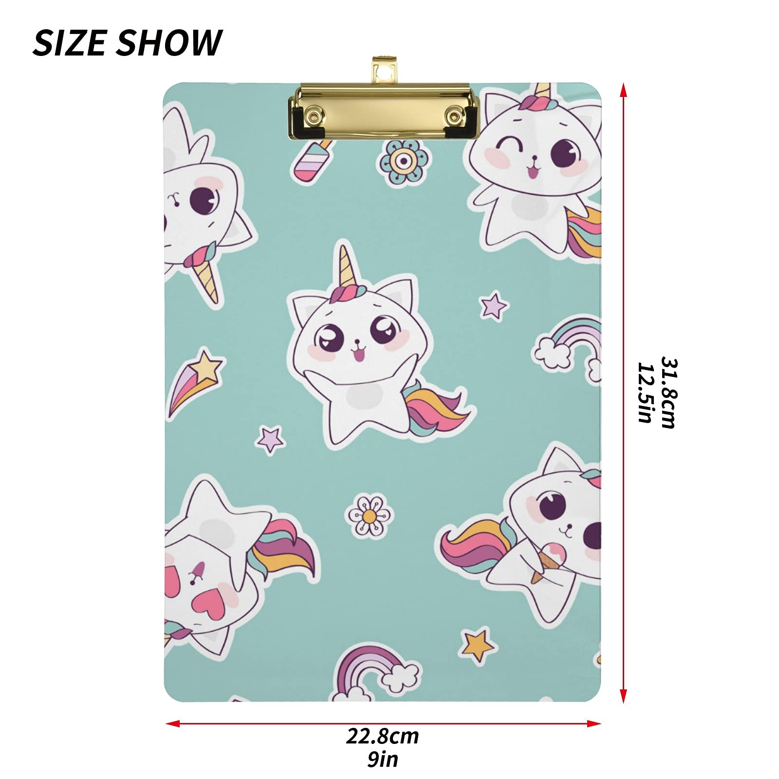 Plastic Clipboard Cute Unicorn Cat Caticorn A4 Letter Size 12.5 x 9 Inch with Metal Low Profile Clip for Office Classroom Students Coaches （Gold Clip）