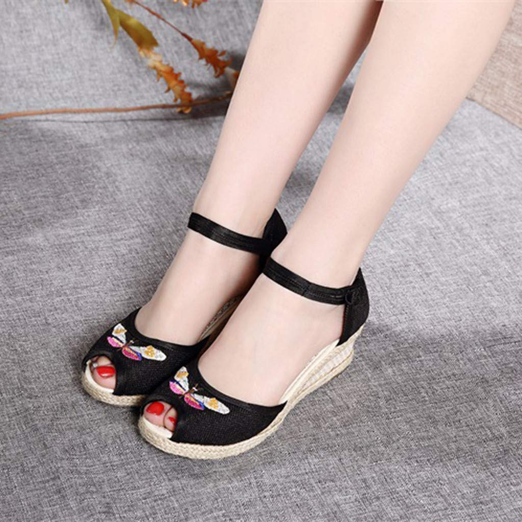 Singles Shoes Sandals for Women Retro Linen Canvas Wedge Round Toe Casual Sandals Walk Shoes Black