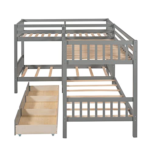 TARTOP L-Shaped Bunk Beds for 4,Solid Wood Bunk Bed Frame with 3 Storage Drawers,Twin Over Twin Size Corner Bunk Bed,Wood Quad Bunk Beds Frame for Kids Teens Girls Boys,Gray
