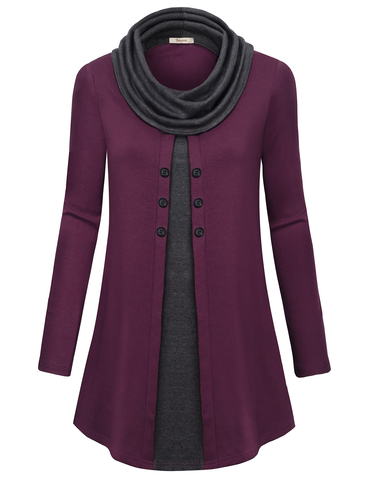 Bebonnie Fall Tops for Women 2025 Trendy,Petite Long Sleeve Cowl Neck Warm Splicing Tunic Tops with Buttons Magenta Grey Small