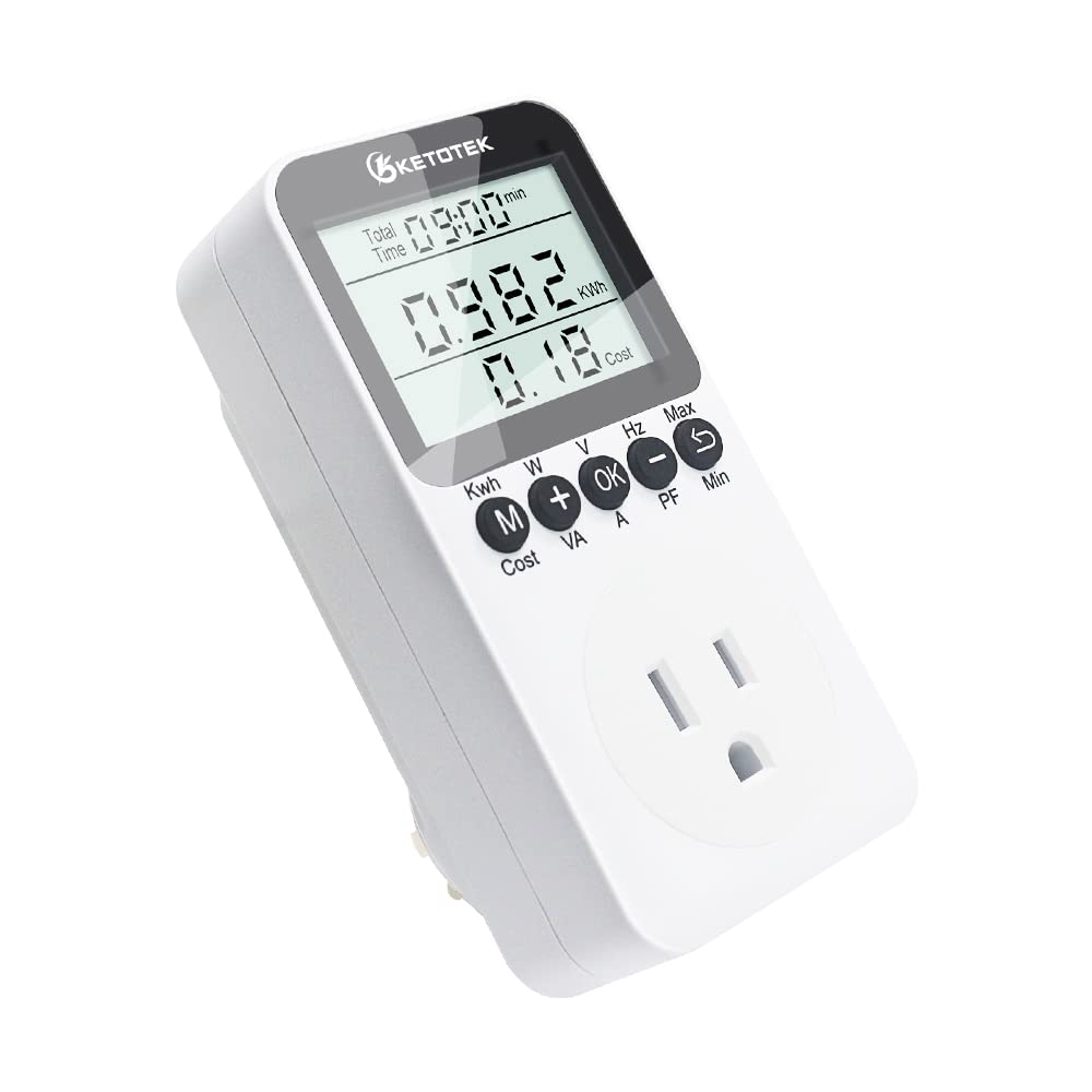 KETOTEK Watt Meter Plug-in Socket Power Meter, Kilowatt Wattage Voltage Tester, Home Electricity Usage Monitor with Overload Protection, LCD Display Energy Voltage Amps Power Consumption Monitor