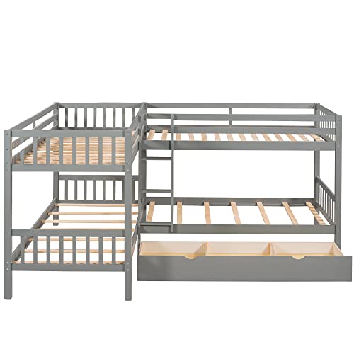 TARTOP L-Shaped Bunk Beds for 4,Solid Wood Bunk Bed Frame with 3 Storage Drawers,Twin Over Twin Size Corner Bunk Bed,Wood Quad Bunk Beds Frame for Kids Teens Girls Boys,Gray